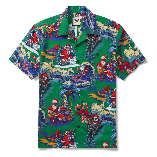 Christmas Santa Claus in Hawaii 100% Cotton Men's Aloha Hawaiian Short ...