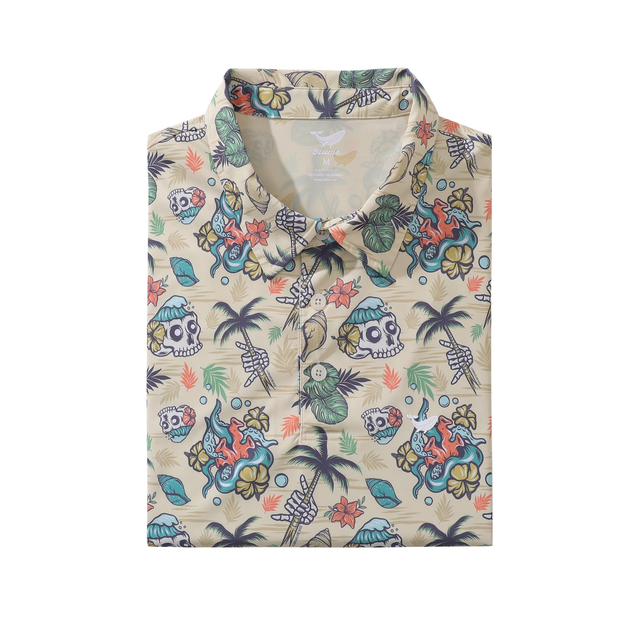 Men's Hawaiian Polo Shirt Tropical Wilderness Skull 1990s Vintage Shor ...