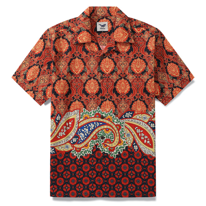 100% Cotton Hawaiian Shirt For Men Red pattern Camp Collar Shirt – Yiume