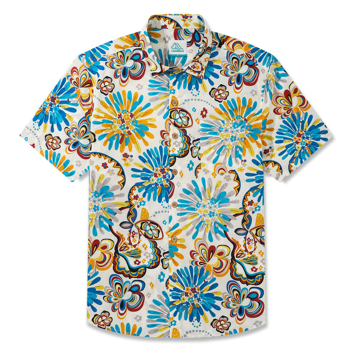 LeosWare® Men's Hawaiian Shirt Short Sleeve Button-up 100% Cotton Blue ...