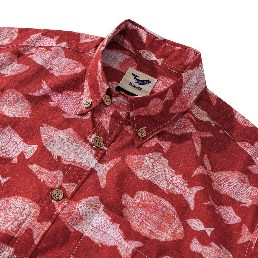 Men's Red Fish Hawaiian Shirt 100% Cotton Button-down Short Sleeve Alo ...