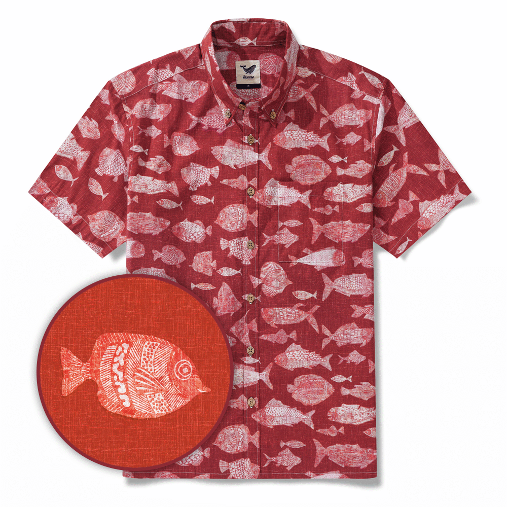 Men's Red Fish Hawaiian Shirt 100% Cotton Button-down Short Sleeve Alo ...