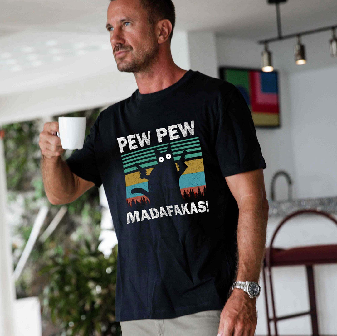 Hawaiian Tee For Men Pew Pew Madafakas Cat Tee Crew Neck 100% Cotton ...