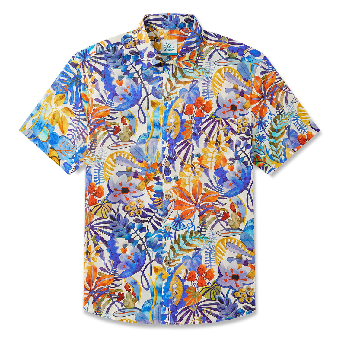 Blue Aloha Men's Art Shirt - Tropical Floral Painting, 100% Cotton ...