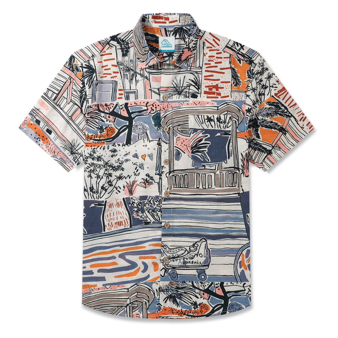 LeosWare® Men's Hawaiian Shirt Short Sleeve Button-up 100% Cotton Blue ...