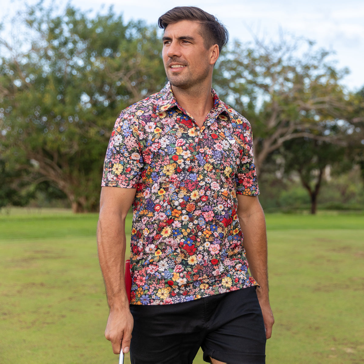 Men's Hawaiian Polo Shirt Among the Flowers Print Short Sleeve Golf Sh ...