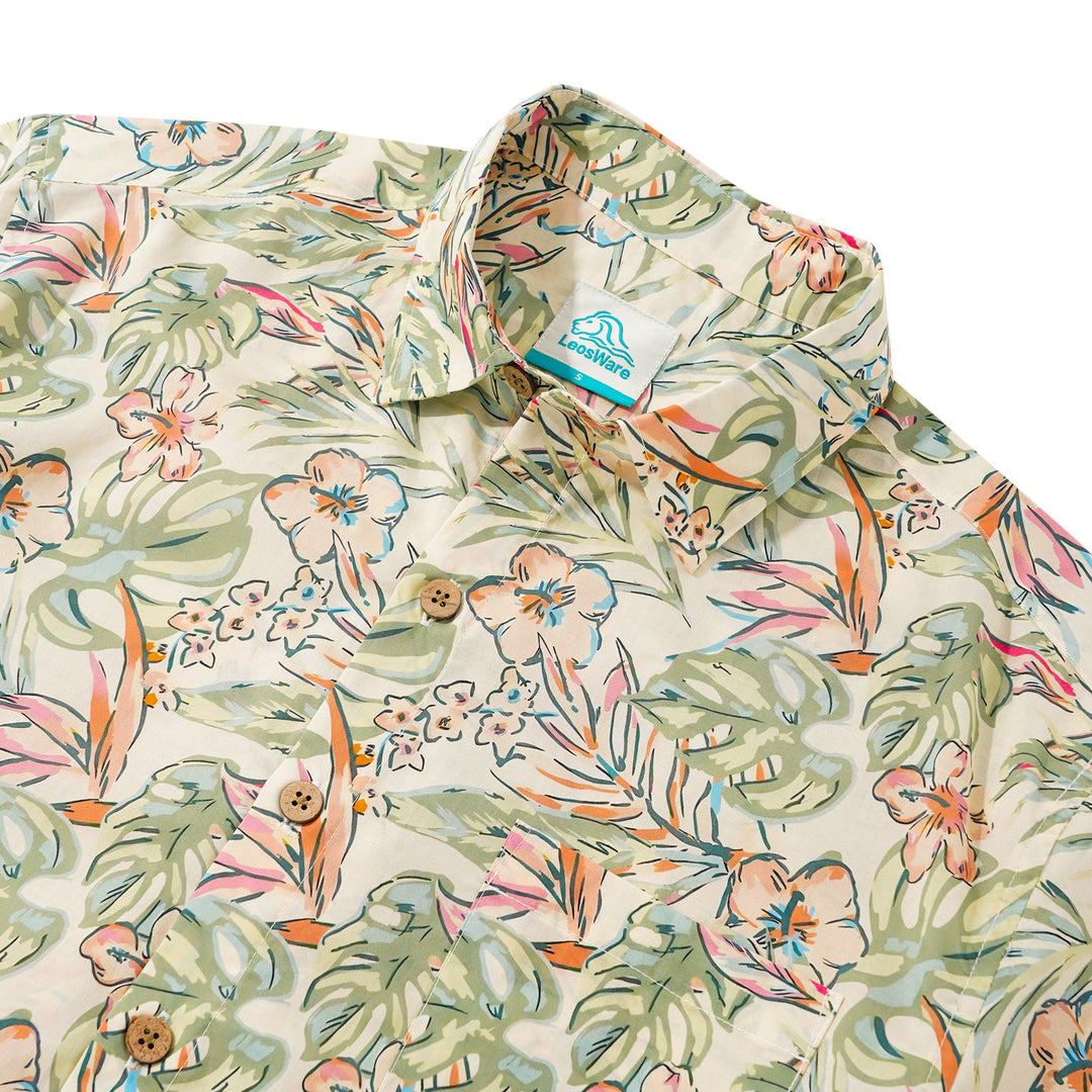LeosWare® Men's Hawaiian Shirt Short Sleeve Button-up 100% Cotton Beig ...